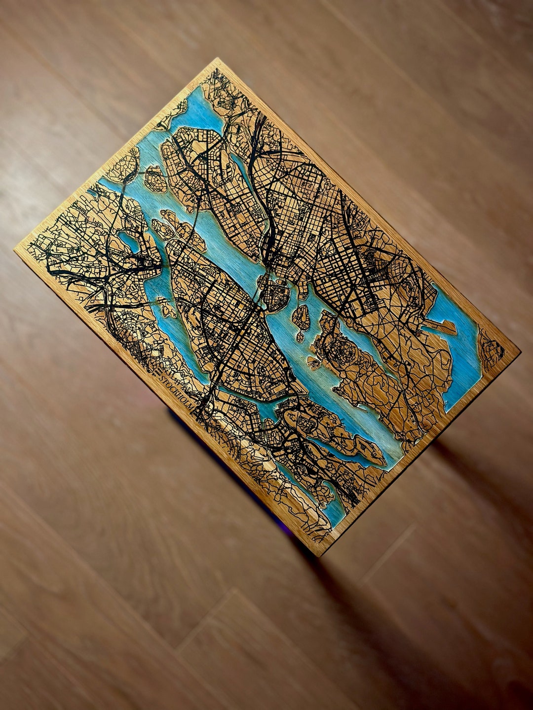 Stockholm Map Epoxy Resin Oak Laptop Side Table - GLOW in the Dark - Etsy