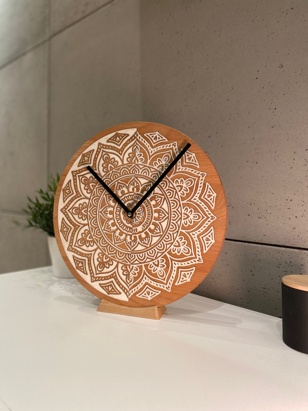 Mandala 1/2 Wall Clock | Boho Clock | Engraved Filled With White Resin ...