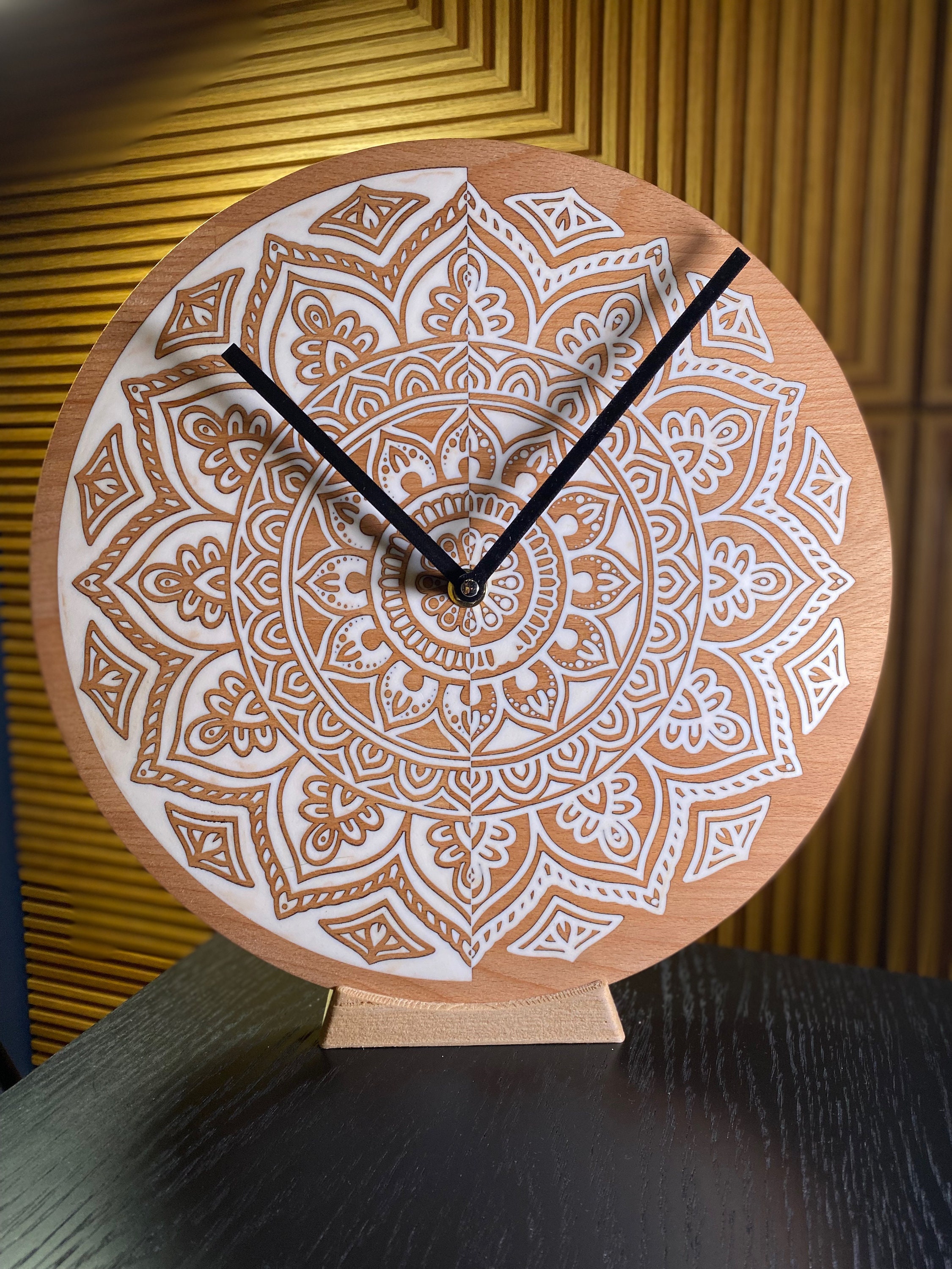 Mandala 1/2 Wall Clock Boho Clock Engraved Filled With White Resin ...