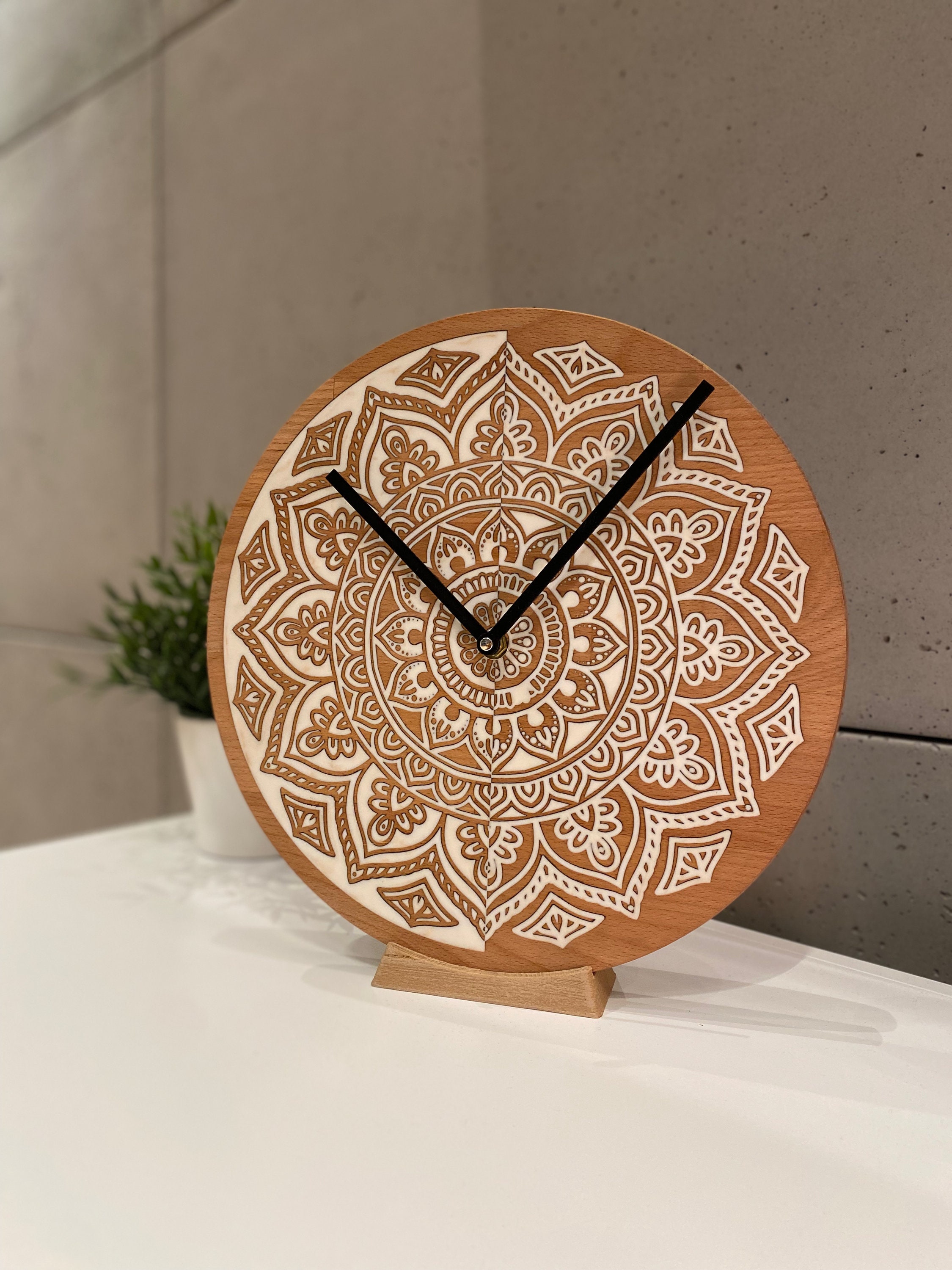Mandala 1/2 Wall Clock Boho Clock Engraved Filled With White Resin ...
