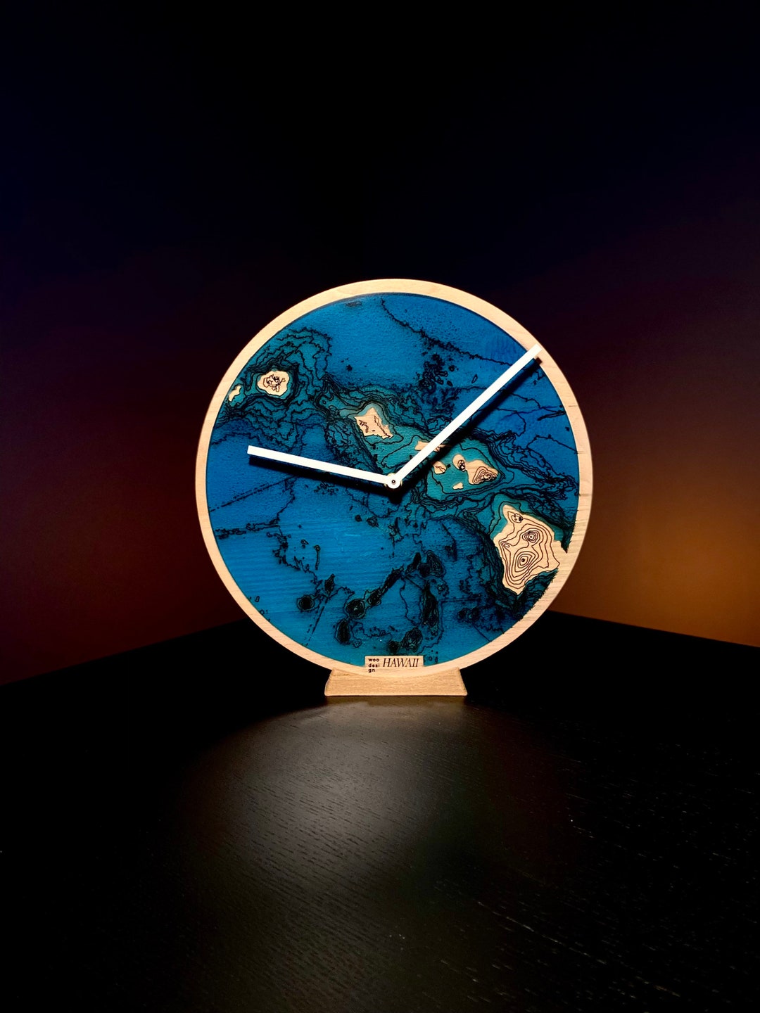 Hawaii Islands Engraved Wood Wall Clock - Boho Blue Resin, Silent 12 ...