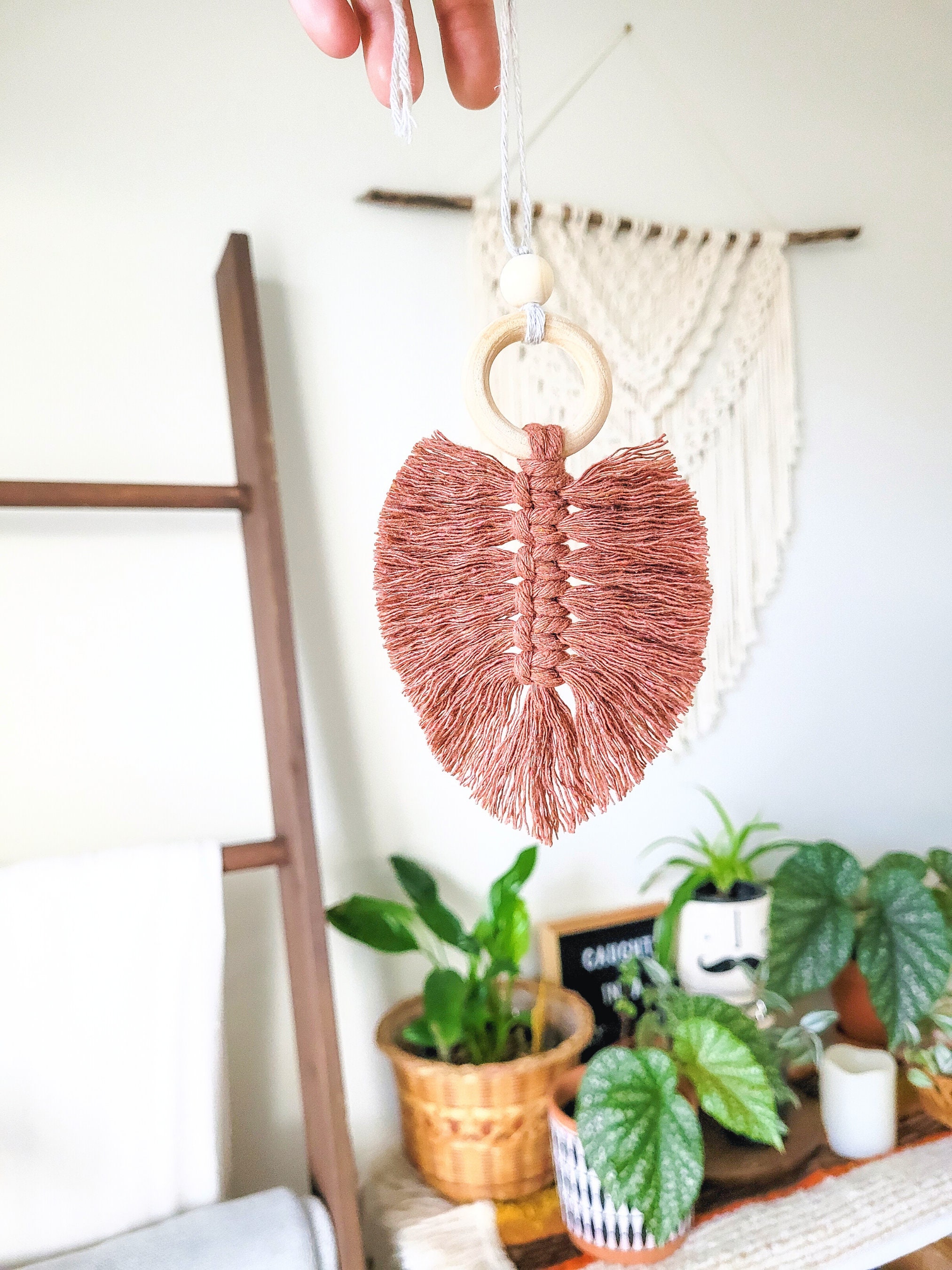 Macrame Feather Car Charm | Macrame Leaf, Rearview Mirror Accessories ...