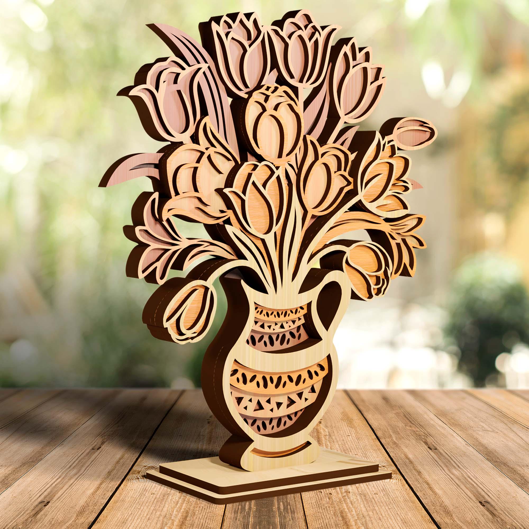 3D Tulips Vase Laser Cut File, Multilayer Wooden Flower Bouquet ...