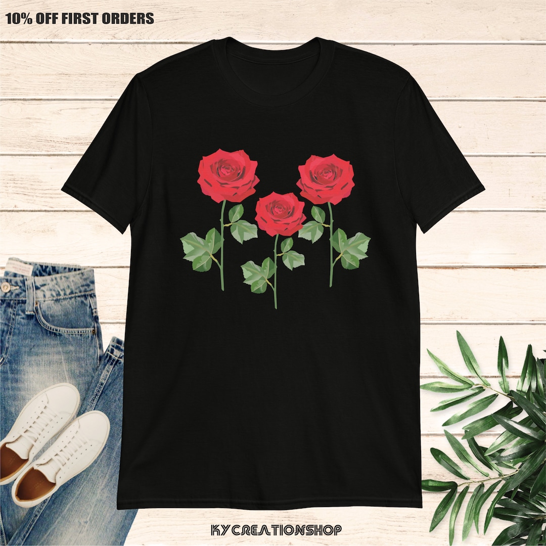 Red Rose Blossom Tee, Floral Elegance Fashion, Cool Red Rose Tee, Rose ...