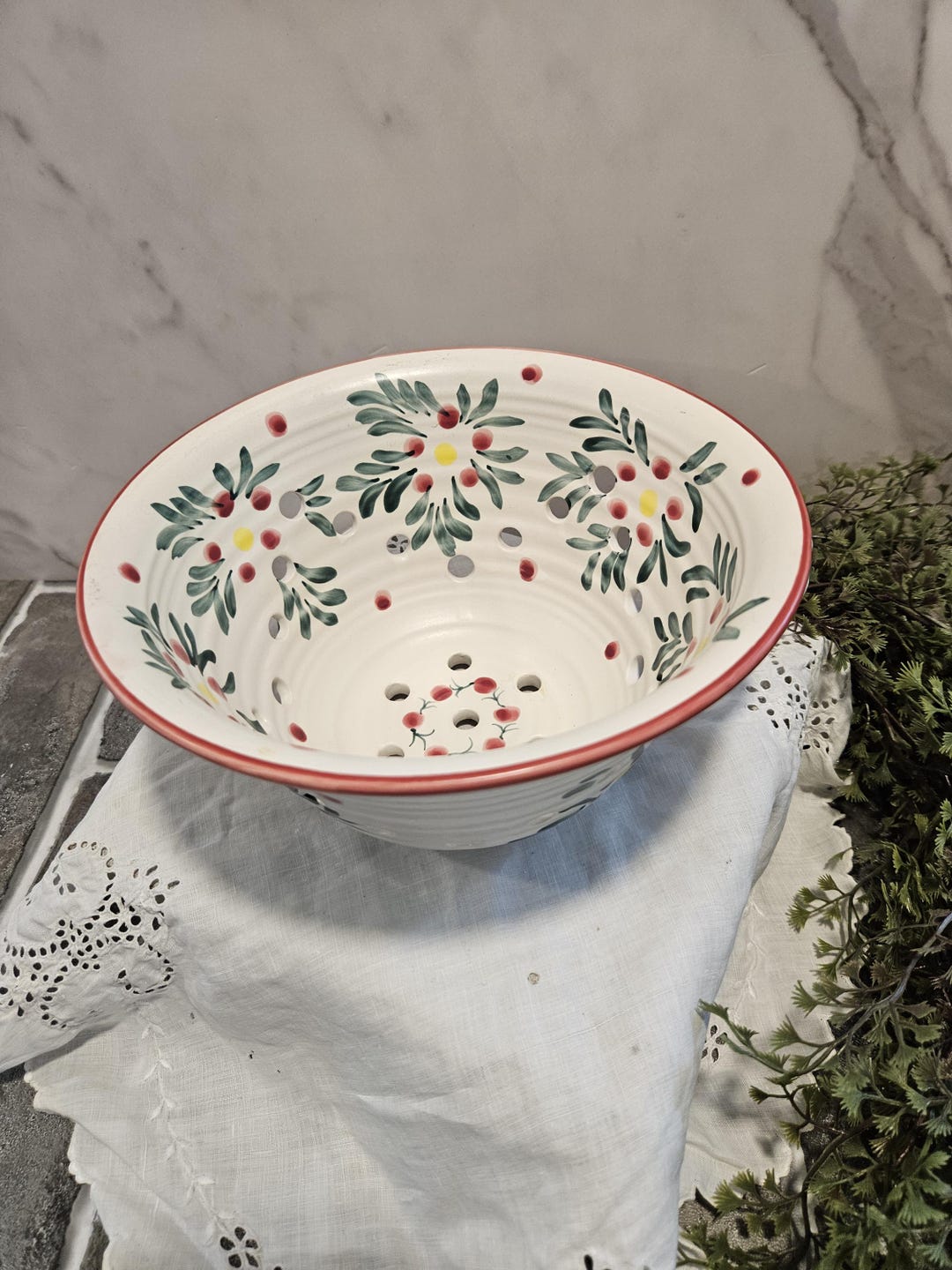 Smaller Size Pretty Green, Yellow, Pink on White Botanical Pottery ...