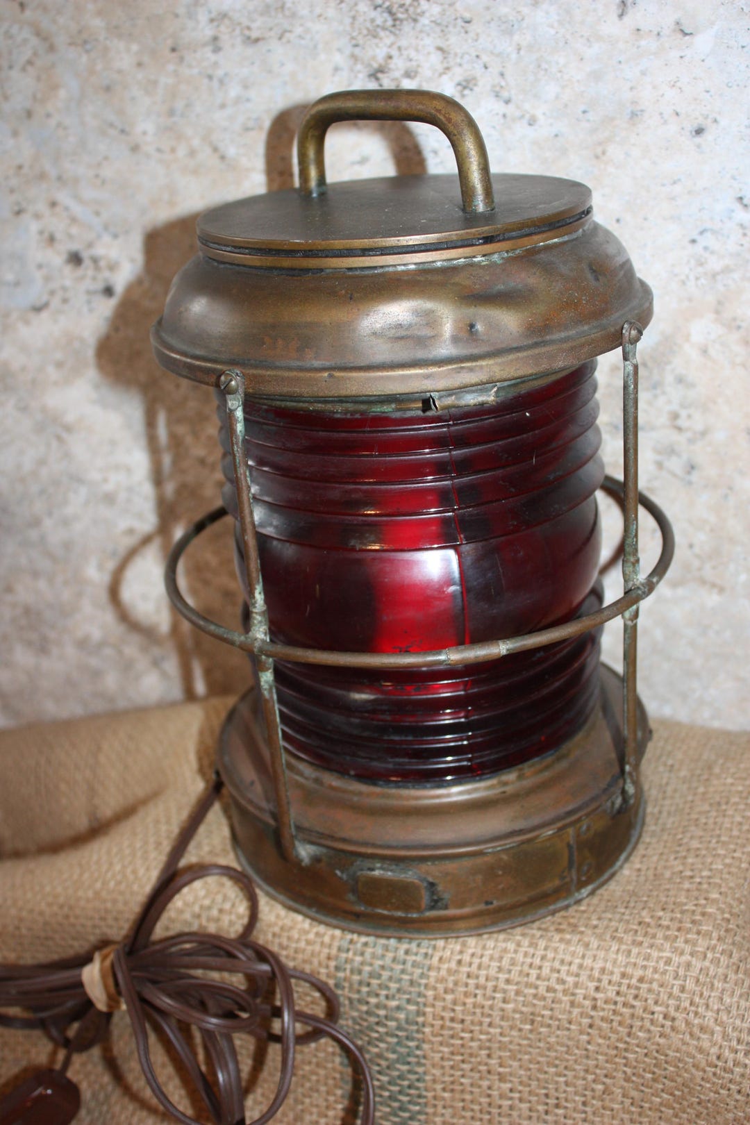 Unique RARE Maritime Perko Electrified Brass Lamp With Red Glass Shade ...