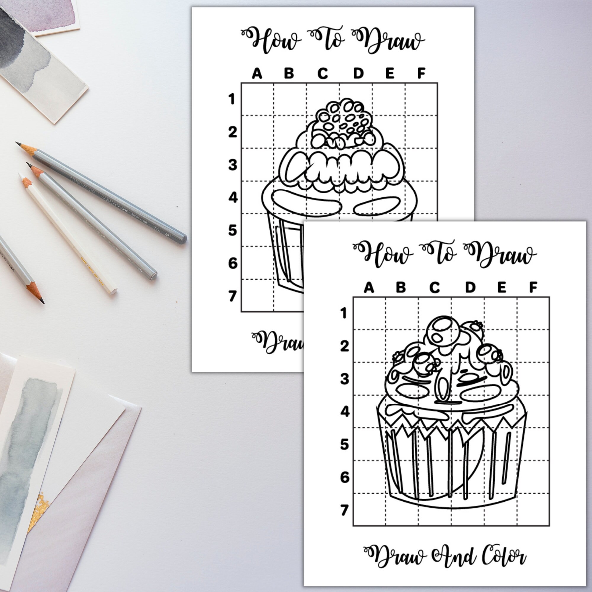 How to Draw Cupcakes Grid Drawing 20 Page Adult Coloring - Etsy
