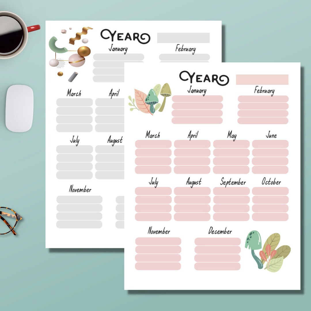 Year Planner, 2 Designs, Letter Sized, Digital Download, Print at Home ...
