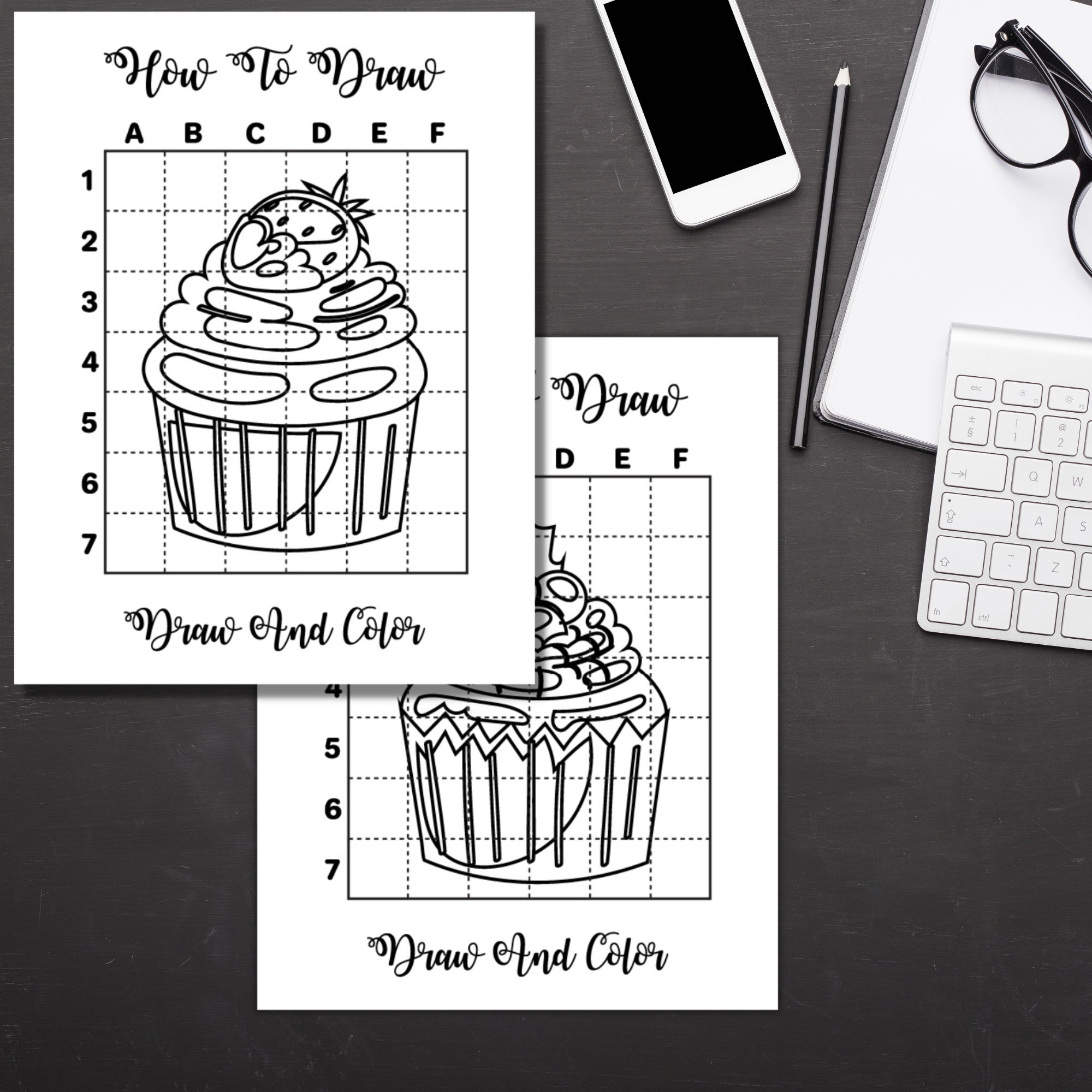 How to Draw Cupcakes Grid Drawing 20 Page Adult Coloring - Etsy