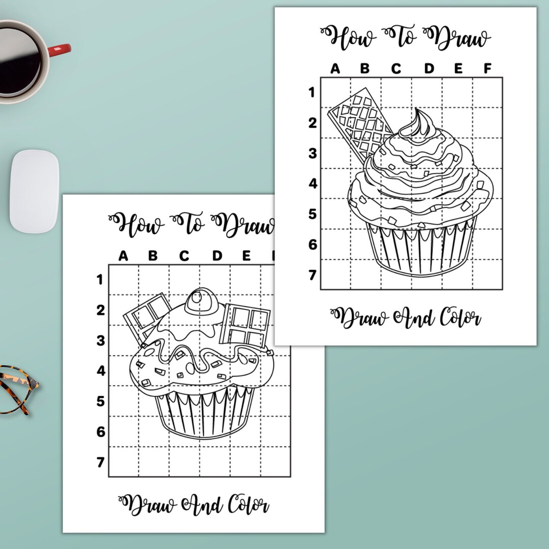 How to Draw Cupcakes, Grid Drawing, 20 Page Adult Coloring Book ...