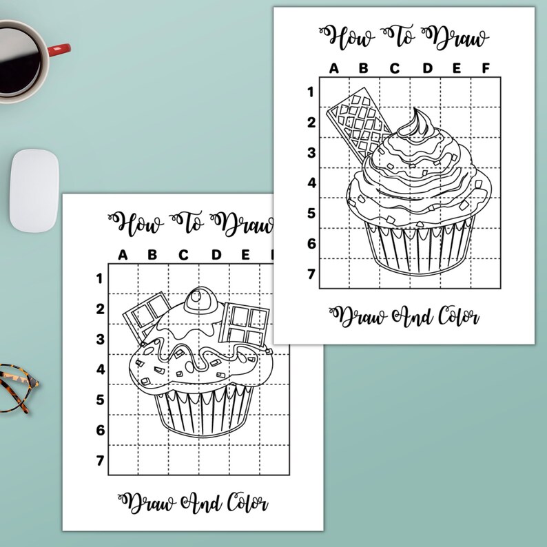 How to Draw Cupcakes Grid Drawing 20 Page Adult Coloring - Etsy