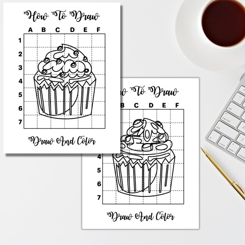 How to Draw Cupcakes, Grid Drawing, 20 Page Adult Coloring Book ...