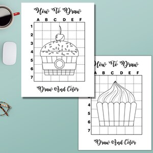 How to Draw Cupcakes, Grid Drawing, 20 Page Adult Coloring Book ...