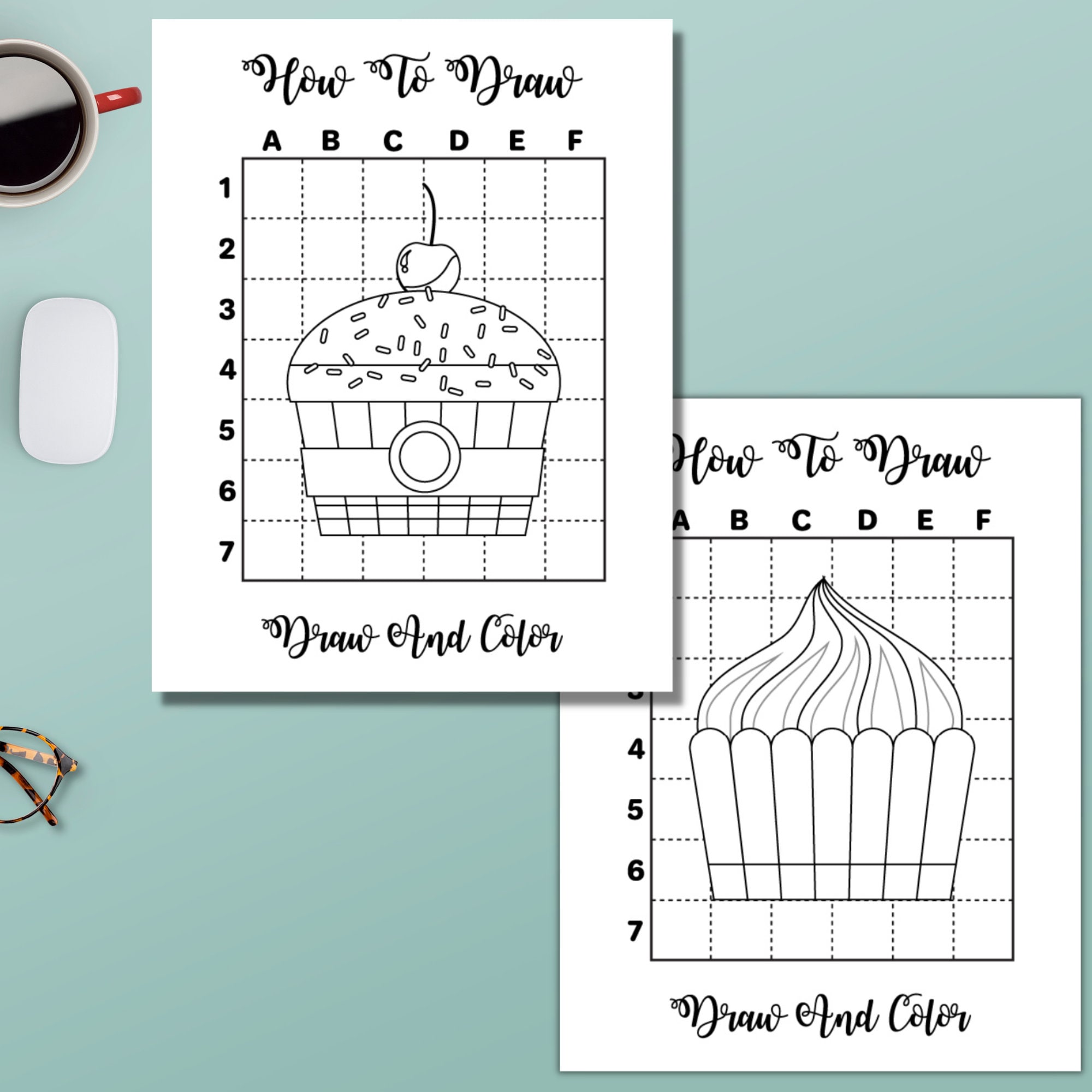 How to Draw Cupcakes, Grid Drawing, 20 Page Adult Coloring Book ...