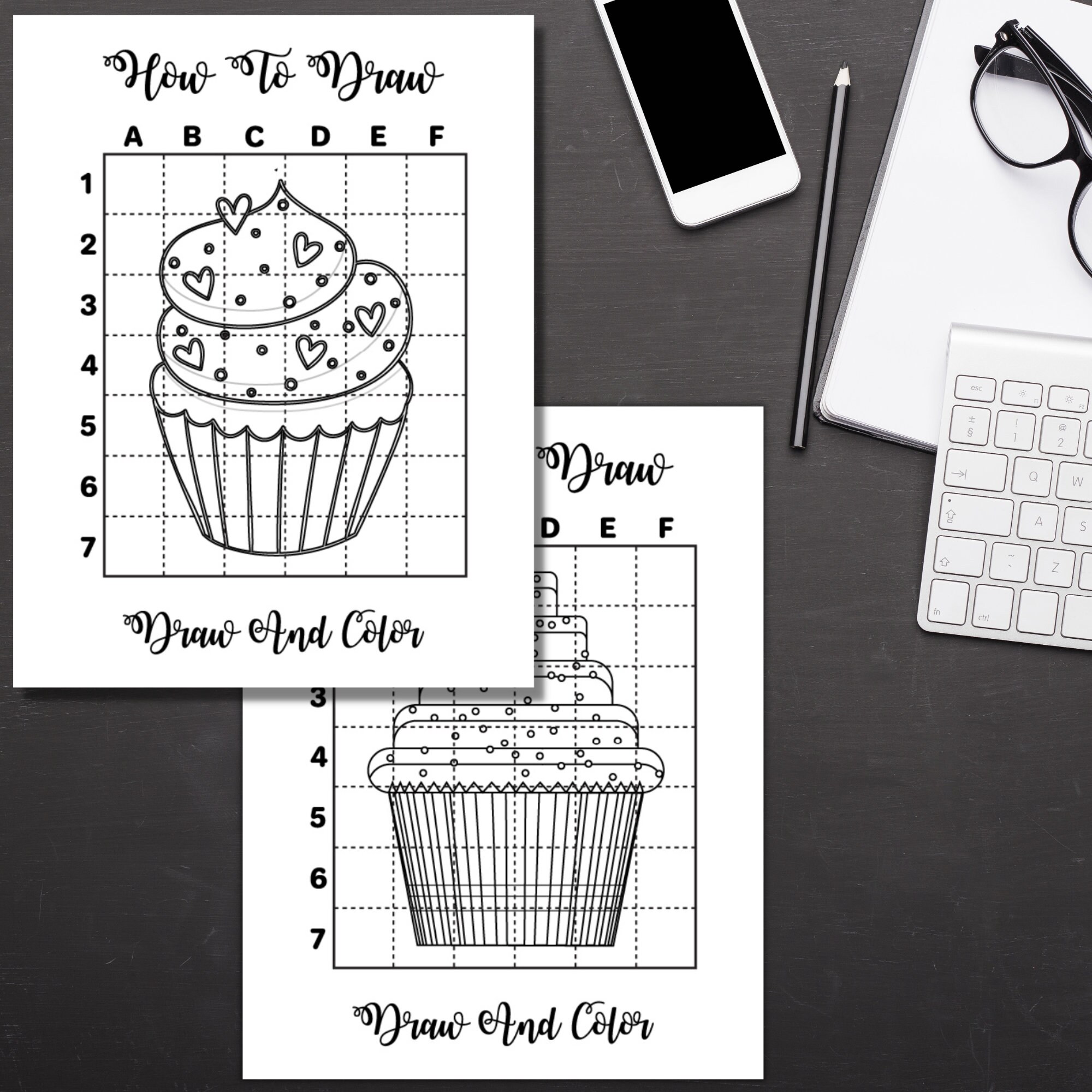 How to Draw Cupcakes Grid Drawing 20 Page Adult Coloring - Etsy