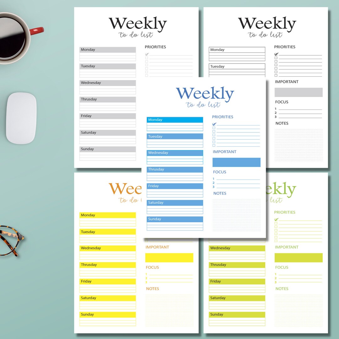 Weekly Planner, Letter Sized, 5 Colors, Digital Download, Print at Home ...