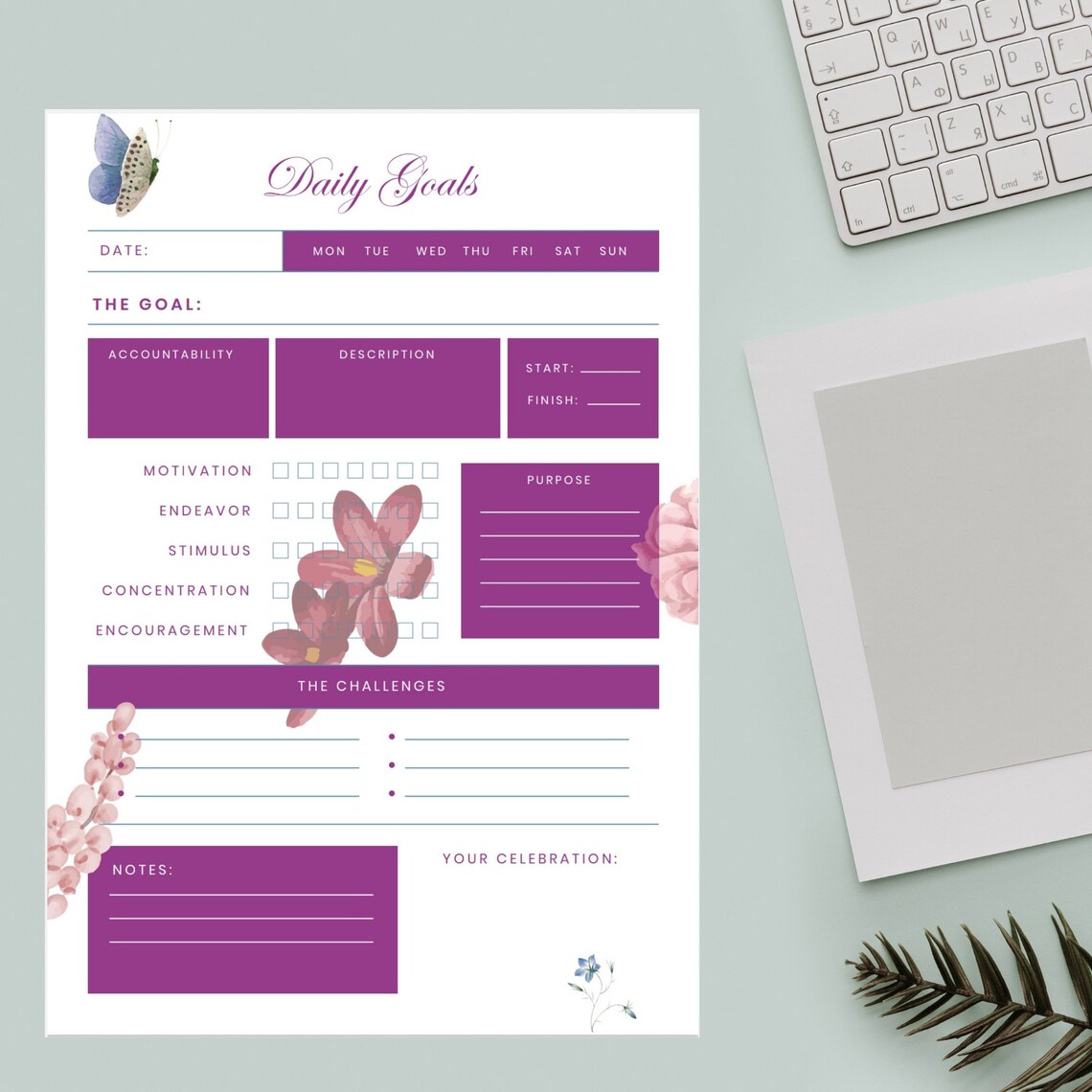 Daily Goal Tracker Manager, Printable Planner, Letter Sized, Digital ...