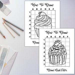 How to Draw Cupcakes, Grid Drawing, 20 Page Adult Coloring Book ...