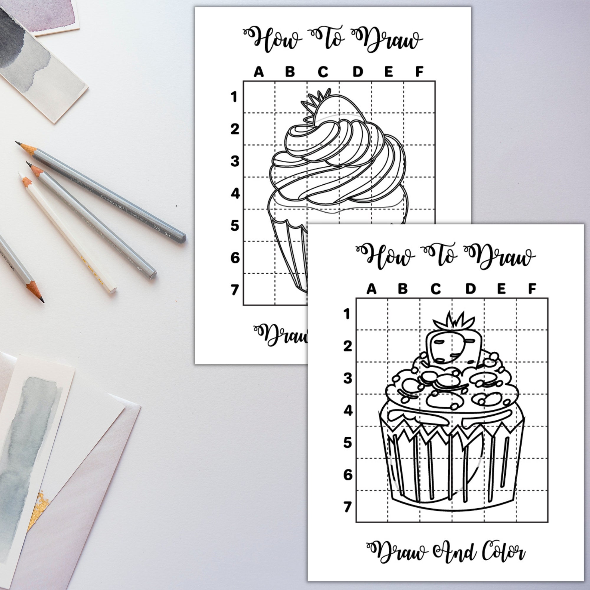 How to Draw Cupcakes Grid Drawing 20 Page Adult Coloring - Etsy