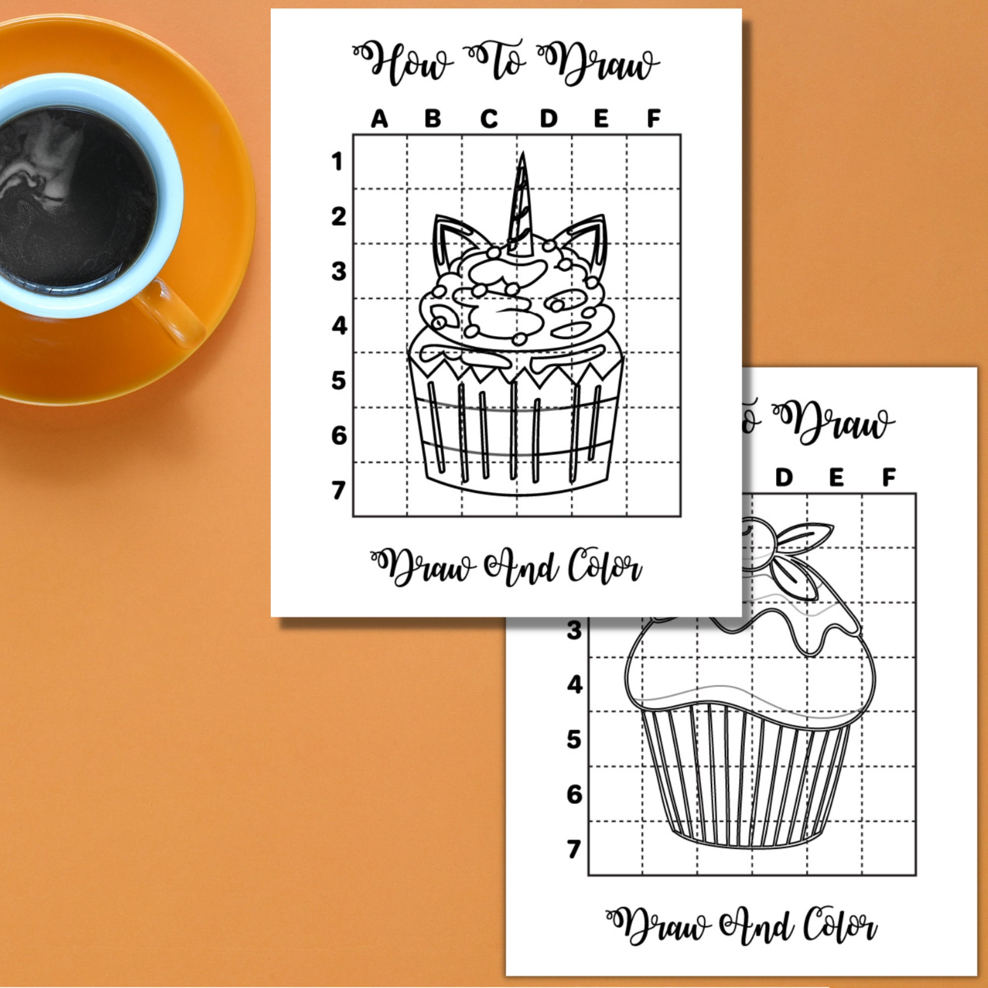 How to Draw Cupcakes, Grid Drawing, 20 Page Adult Coloring Book ...