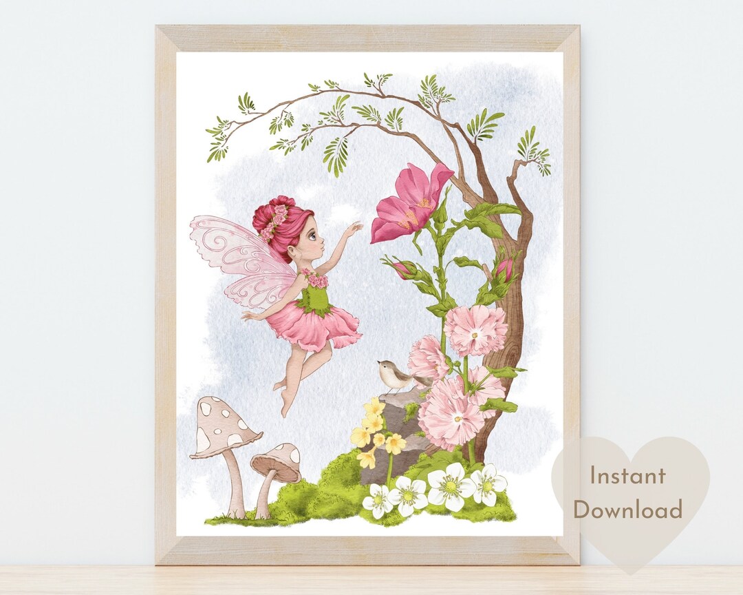 Fairy Garden Wall Art, Fairy Nursery Print, Pink Flower Fairy, Fairy ...