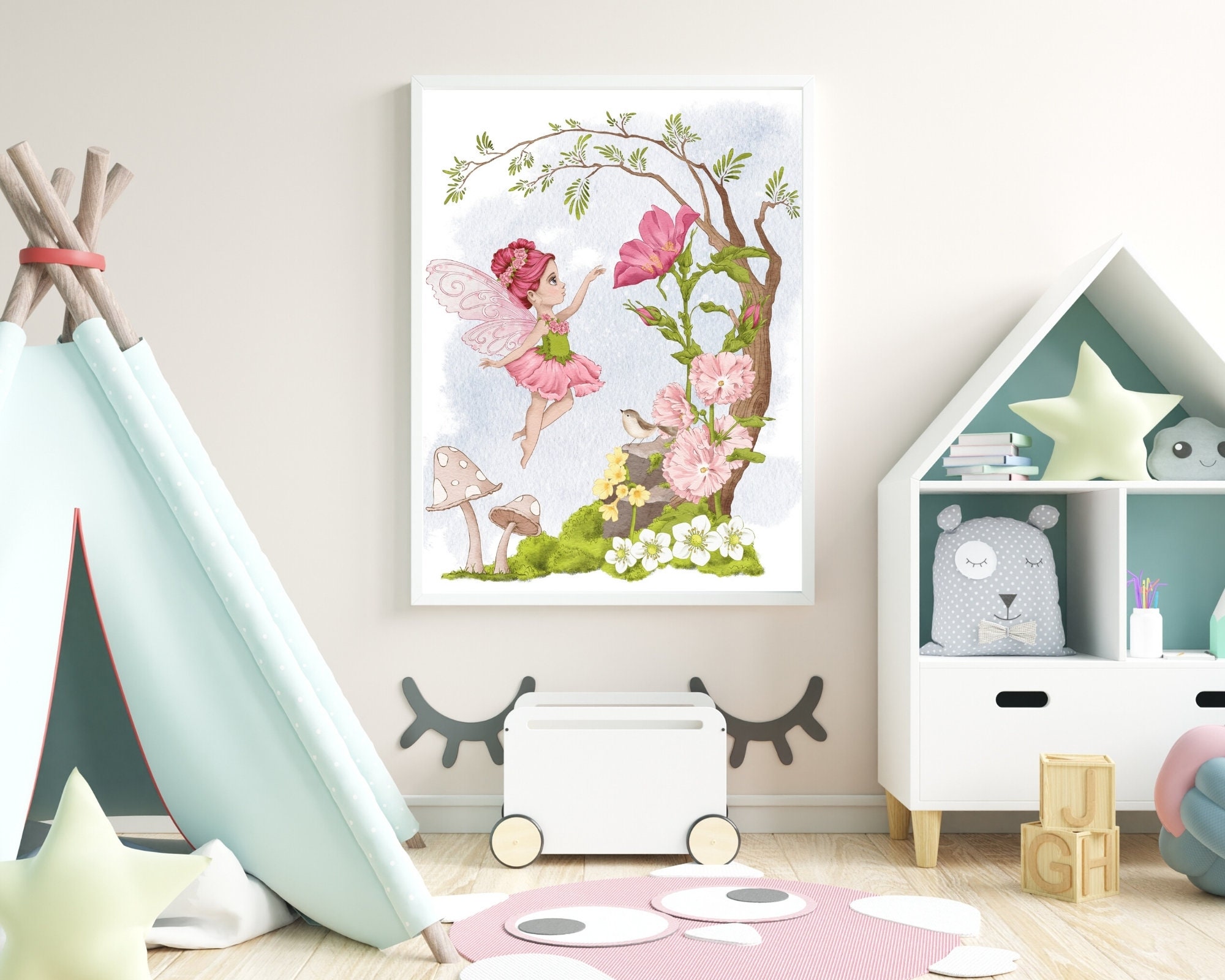 Fairy Garden Wall Art, Fairy Nursery Print, Pink Flower Fairy, Fairy ...