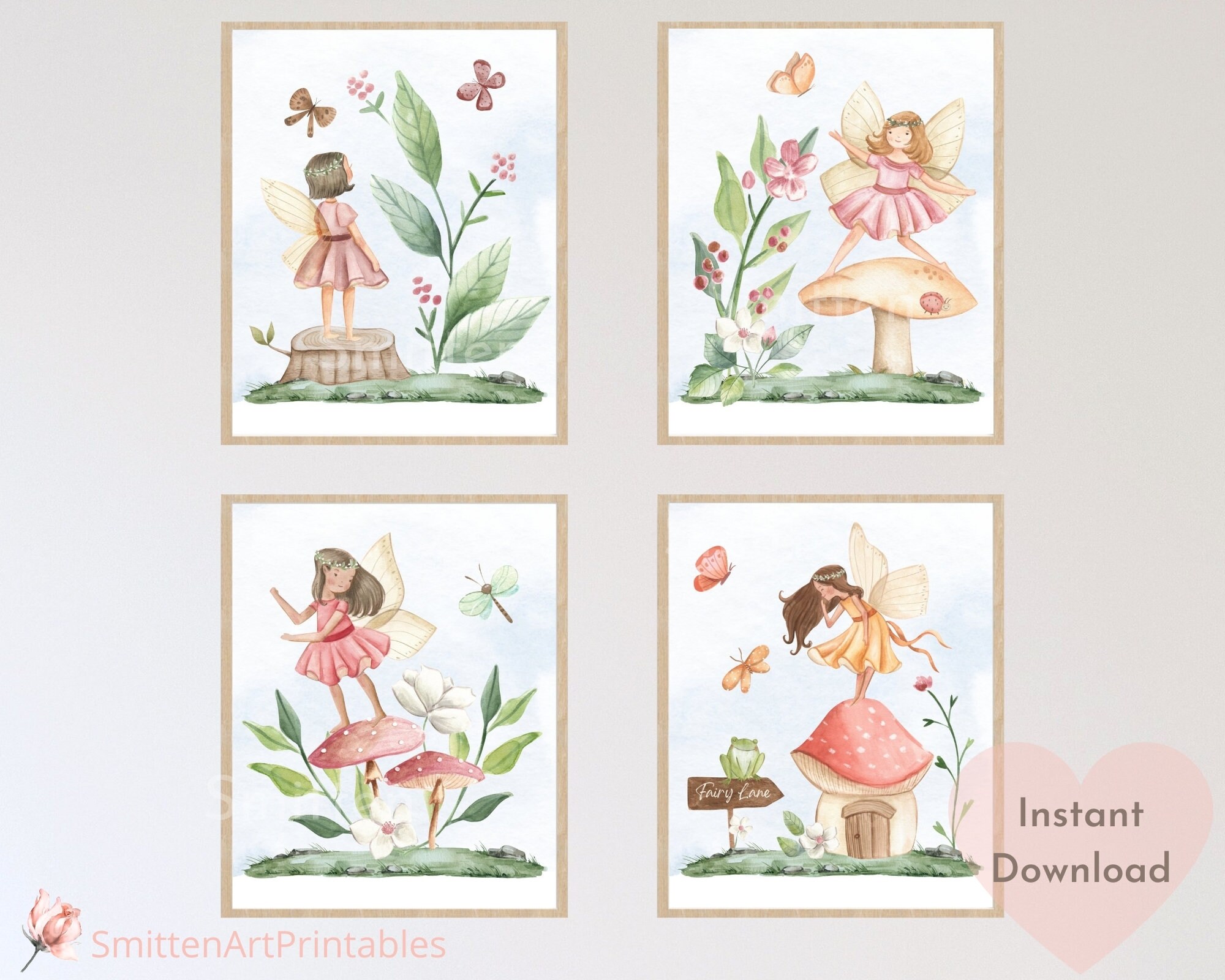 Fairy Garden Wall Art Set of 4 Watercolor Fairy Garden | Etsy