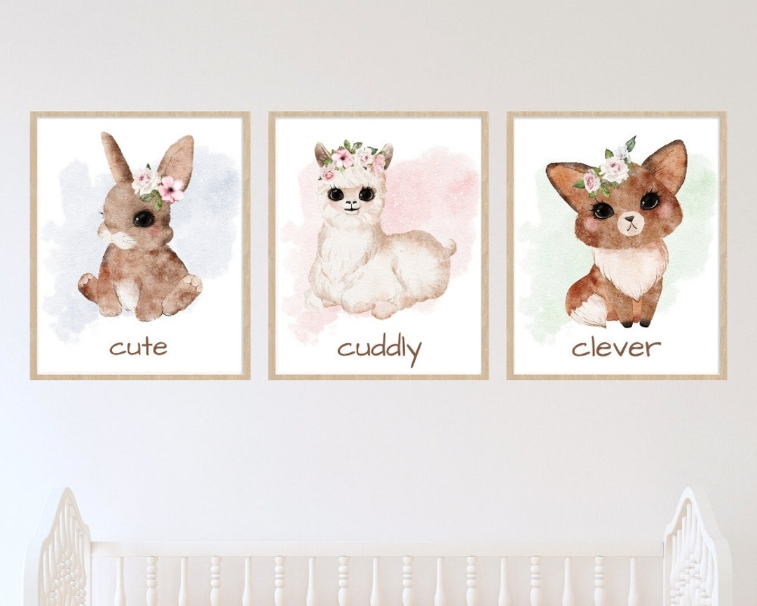 Cute Animals Nursery Prints Set of 3, Animal Portraits for Girls Room ...