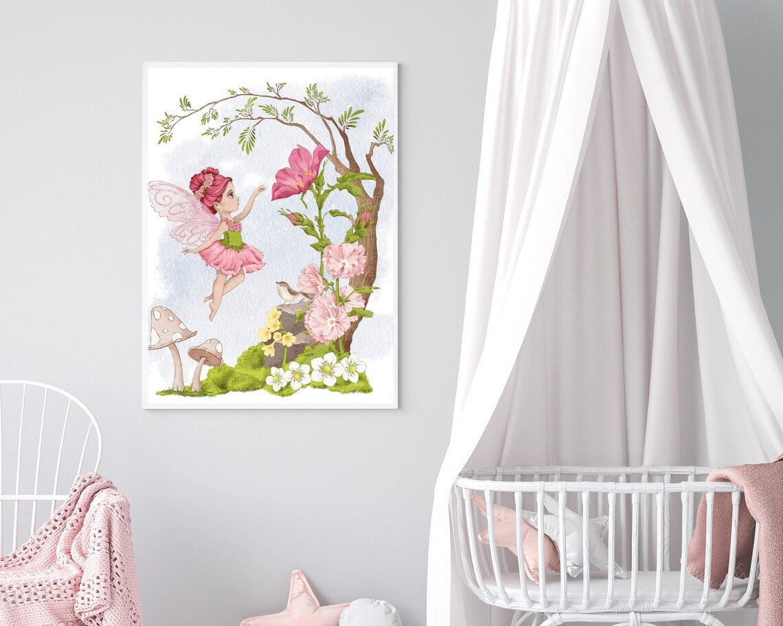 Fairy Garden Wall Art Fairy Nursery Print Pink Flower Fairy | Etsy