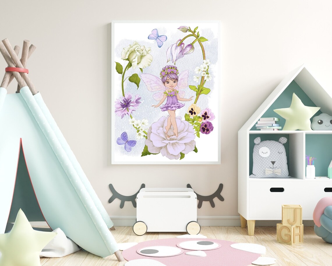 Fairy Garden Wall Art Fairy Nursery Print Purple Flower | Etsy