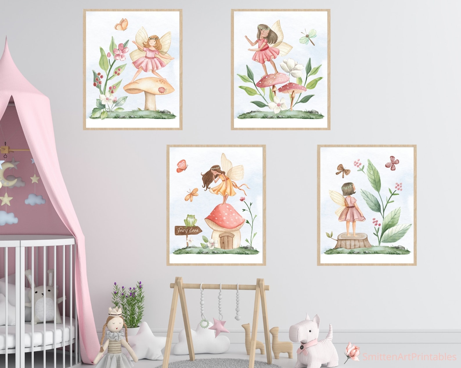Fairy Garden Wall Art Set of 4, Watercolor Fairy Garden Nursery Print ...