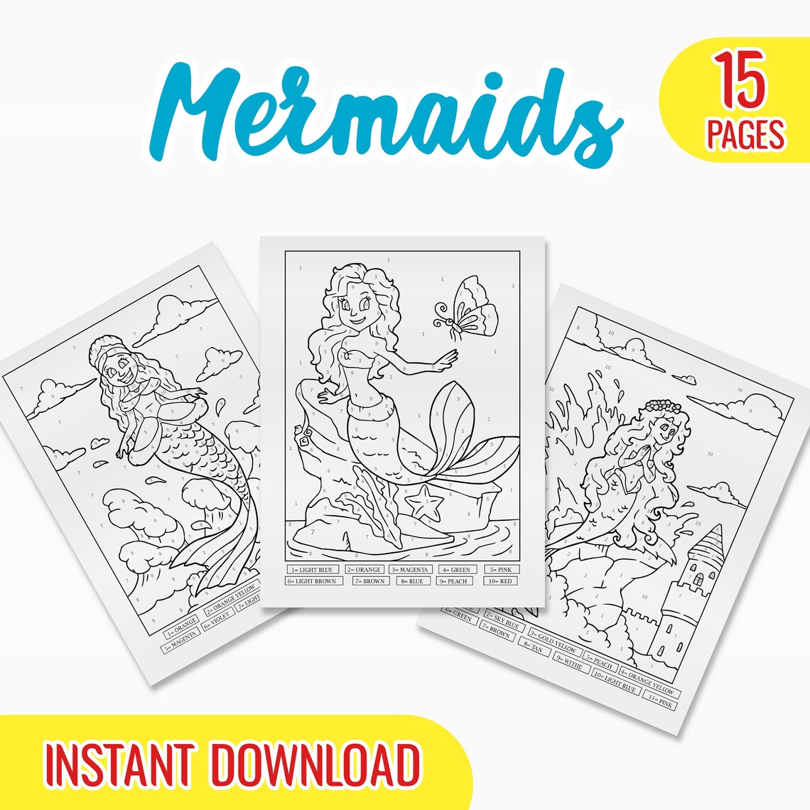 15 Printable Mermaids Color By Number Pages for Teens and | Etsy