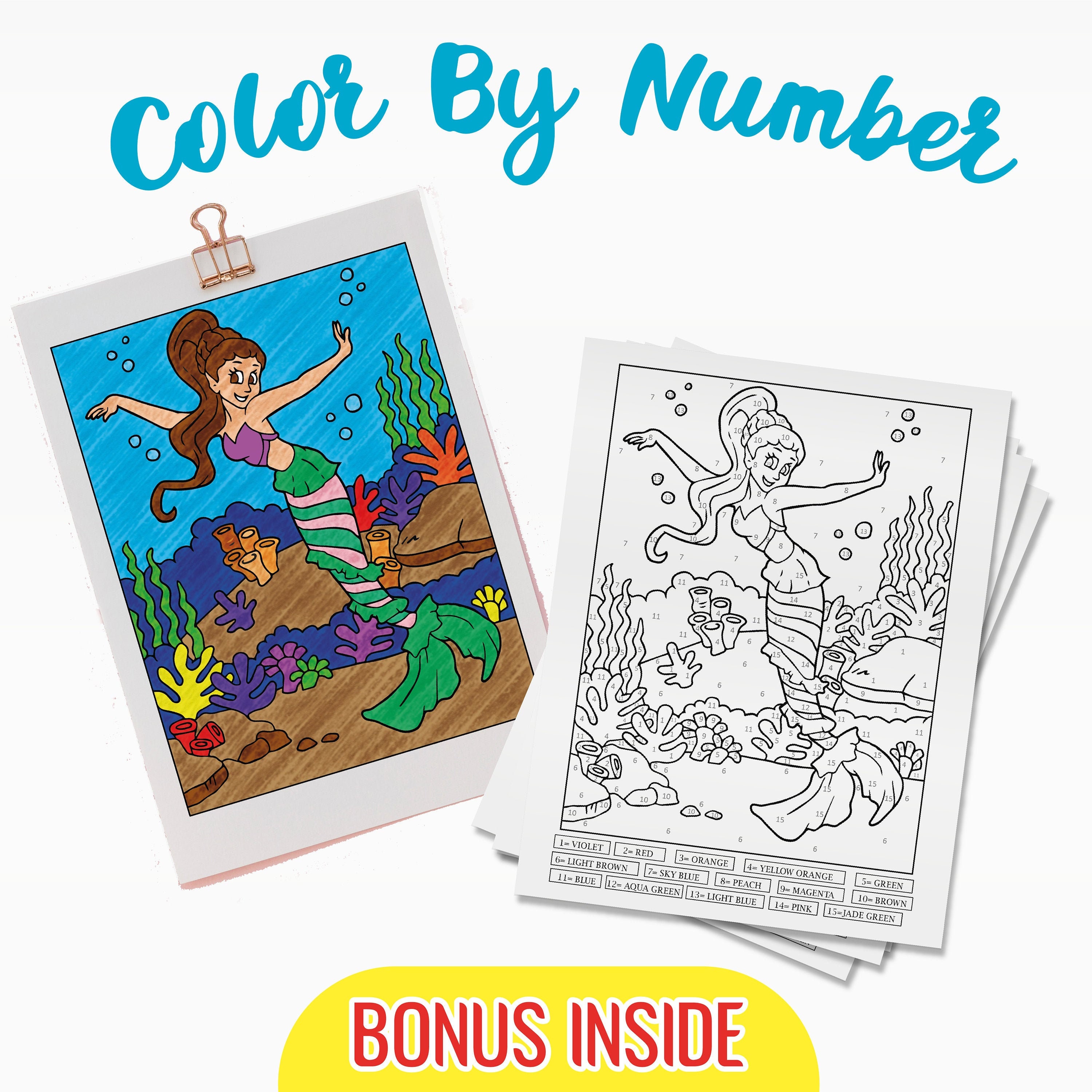 15 Printable Mermaids Color By Number Pages for Teens and | Etsy