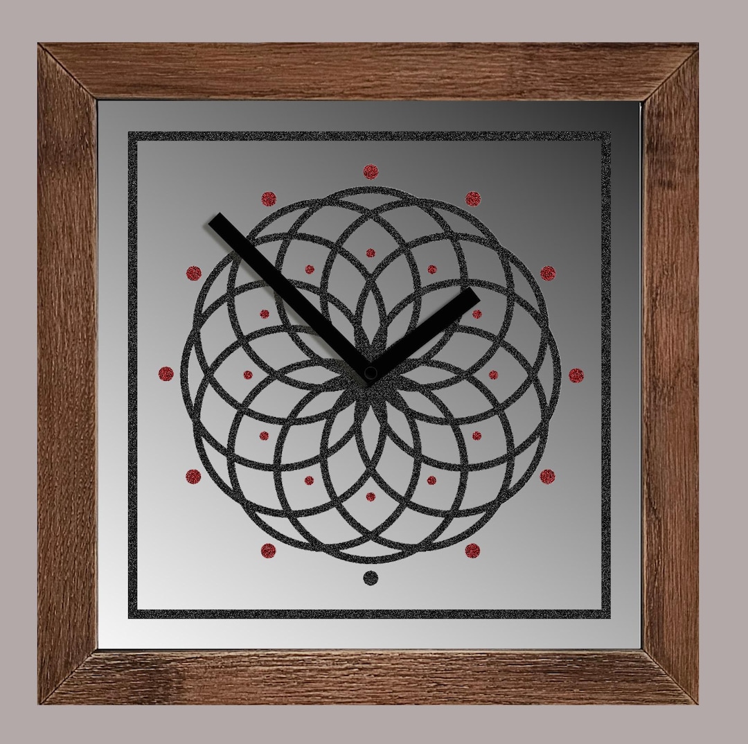 Mirror Clock. Sacred Geometry 12 Circle Pattern. Medium Oak 14" Square ...