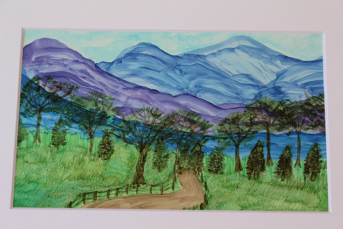 Alcohol Ink Landscape Painting Mountain Scene on 5x8 Dura | Etsy