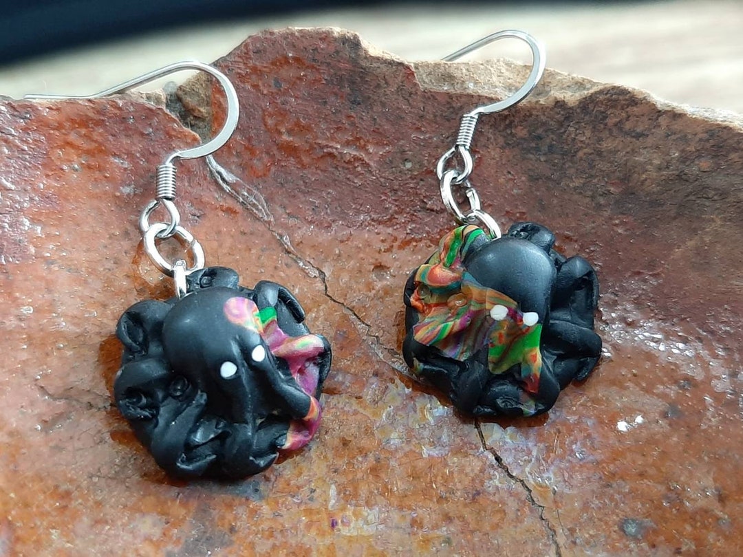 Handmade octopus earrings Polymer clay earrings Black - Etsy France