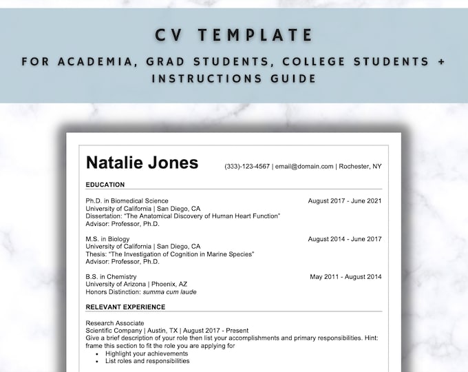 CV Template for Grad Students, College Students and Academic Research ...