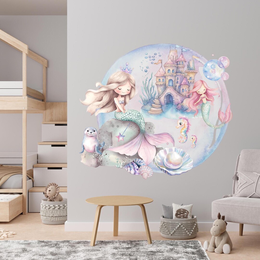 Round Wall Sticker for Children's Room, Mermaid Underwater Scene, Baby ...