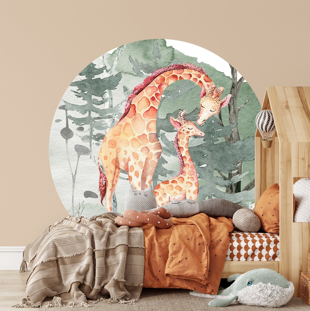 Round Wall Sticker Children's Room Giraffes Family Safari Forest Trees ...