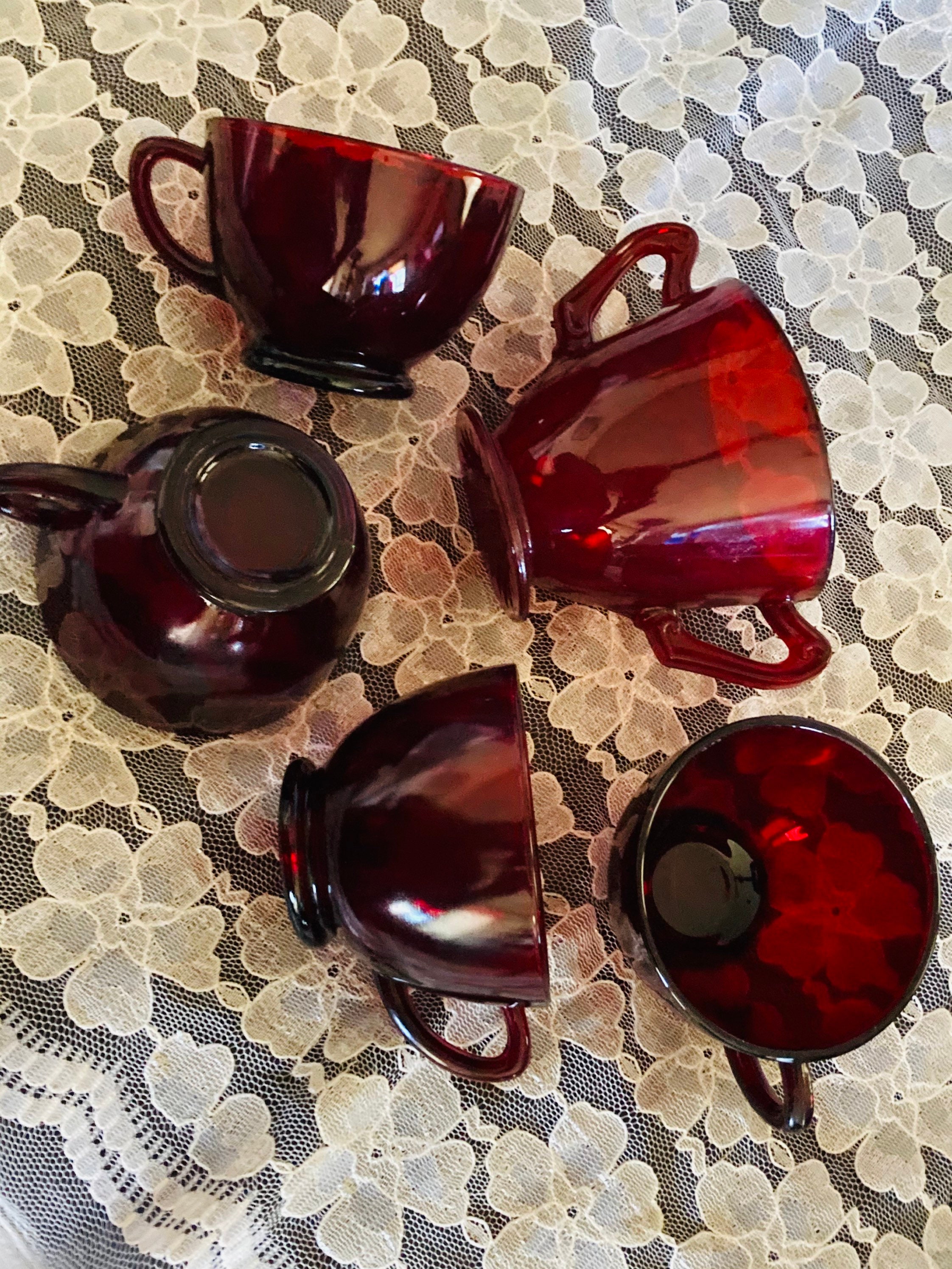Vintage 5 Piece Ruby Blood Red Glass Cup Set Four Cups and One Sugar ...