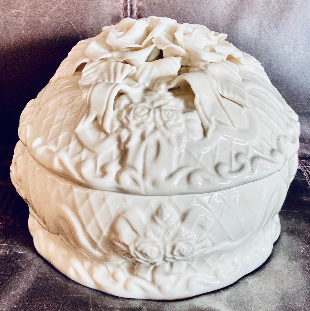 Vintage Creamy Bisque Glazed Ceramic Floral Covered Container or Cookie ...
