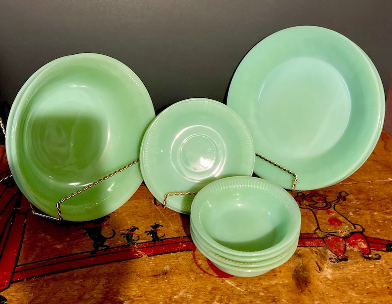 Jadeite Dishes by Fire King in Jane Ray Pattern. Rare Pattern, Never ...
