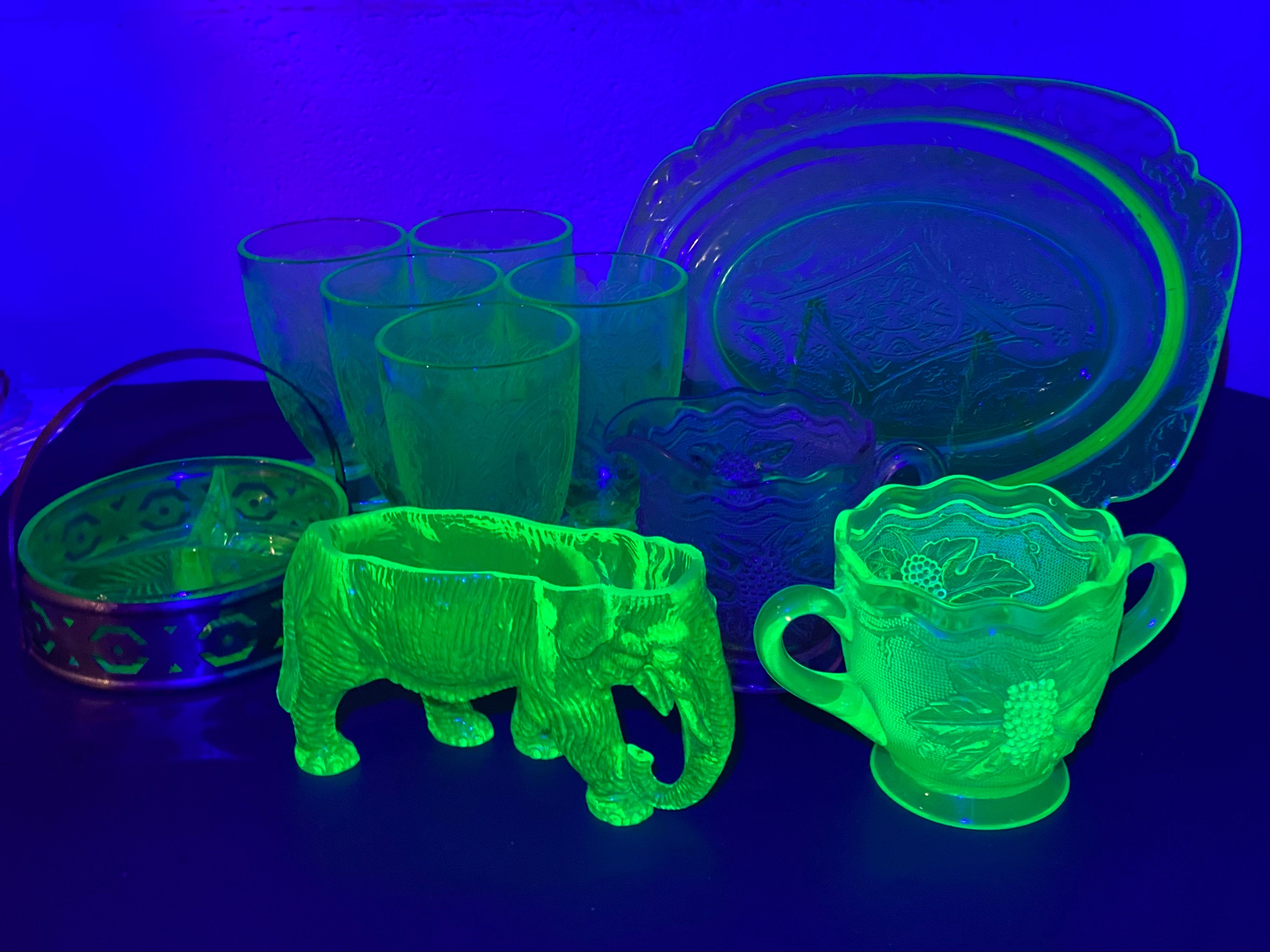 Vintage to Antique Green Uranium Glass in Serving Platter Drinking ...