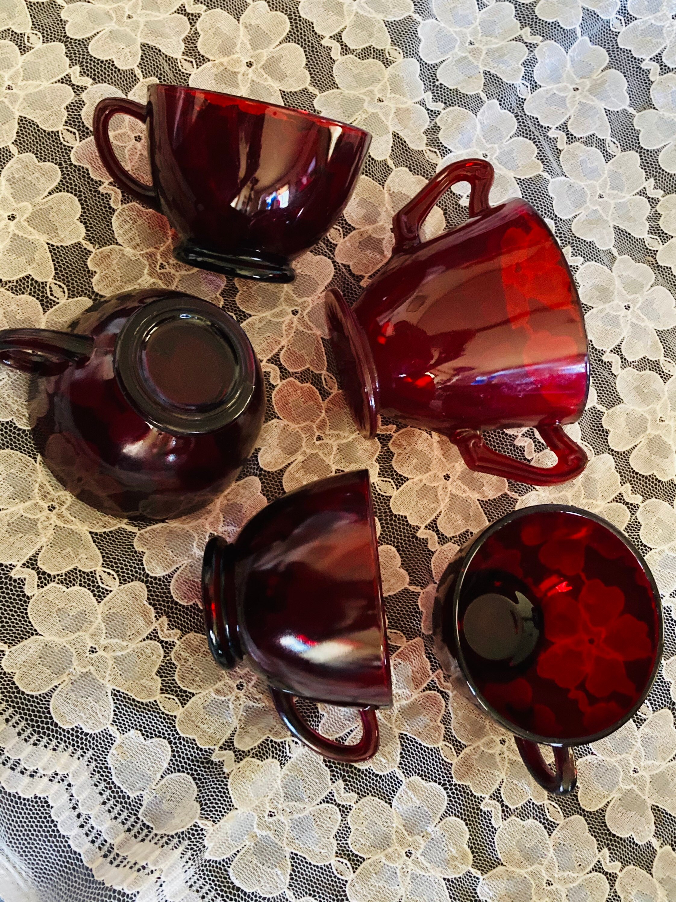 Vintage 5 Piece Ruby Blood Red Glass Cup Set Four Cups and One Sugar ...
