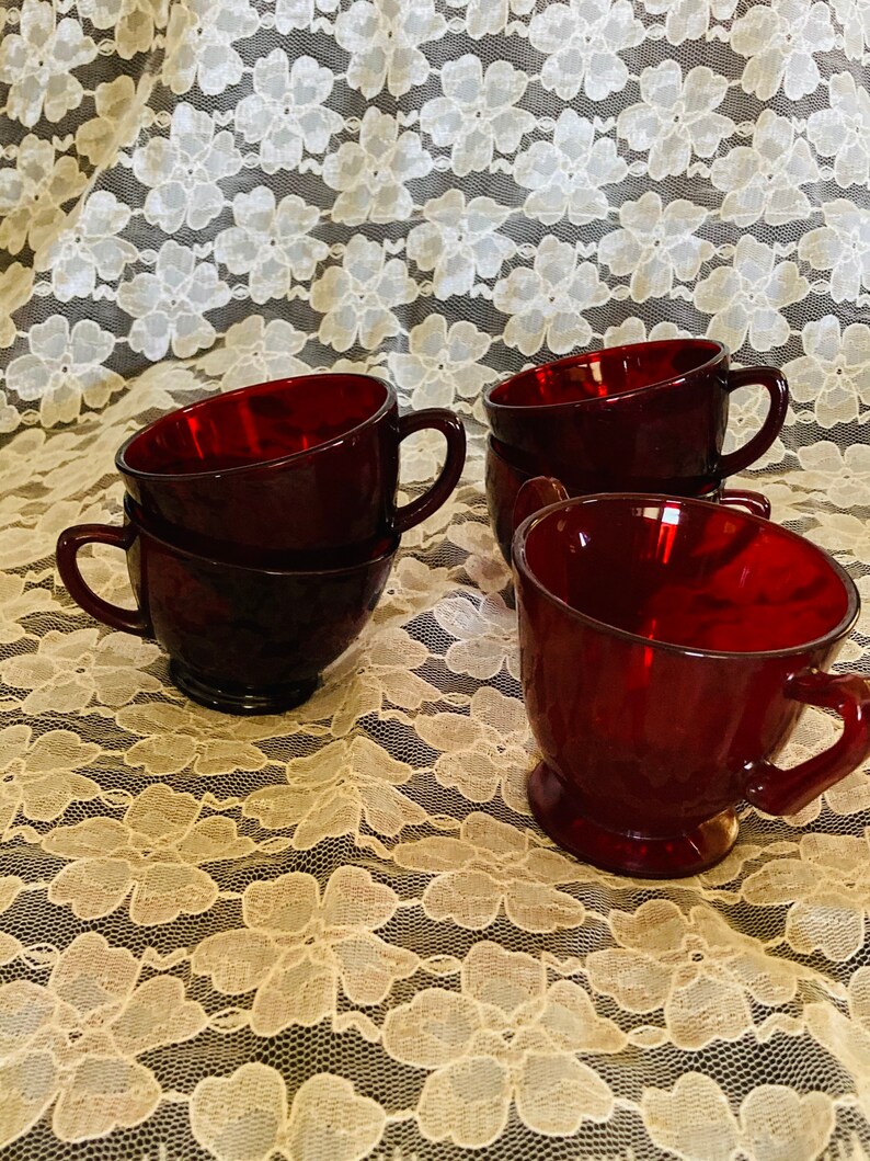 Vintage 5 Piece Ruby Blood Red Glass Cup Set Four Cups and One Sugar ...