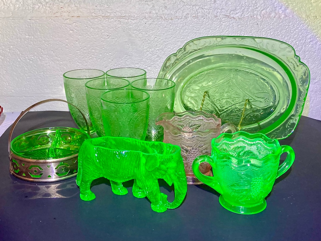Vintage to Antique Green Uranium Glass in Serving Platter Drinking ...