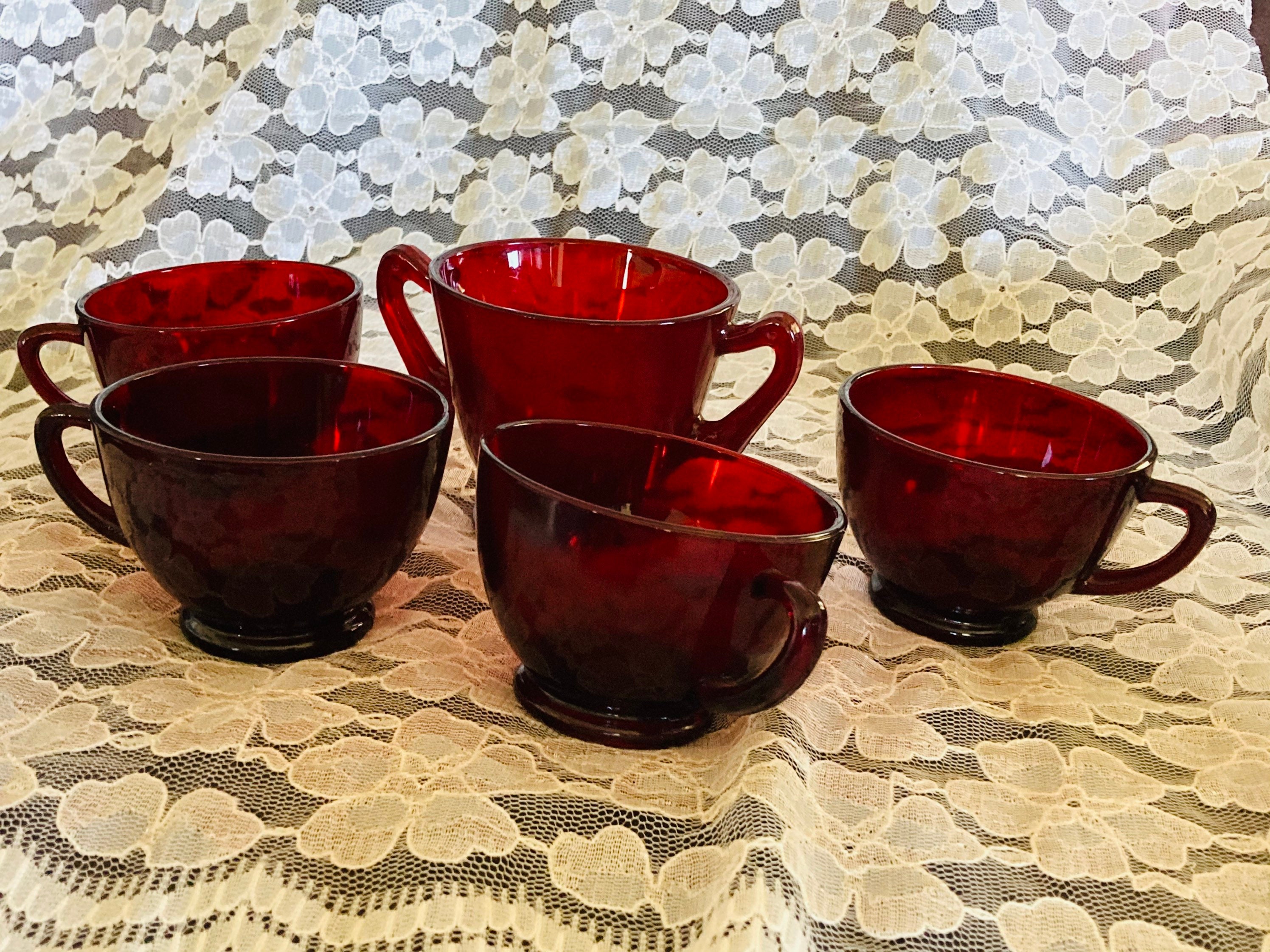 Vintage 5 Piece Ruby Blood Red Glass Cup Set Four Cups and One Sugar ...