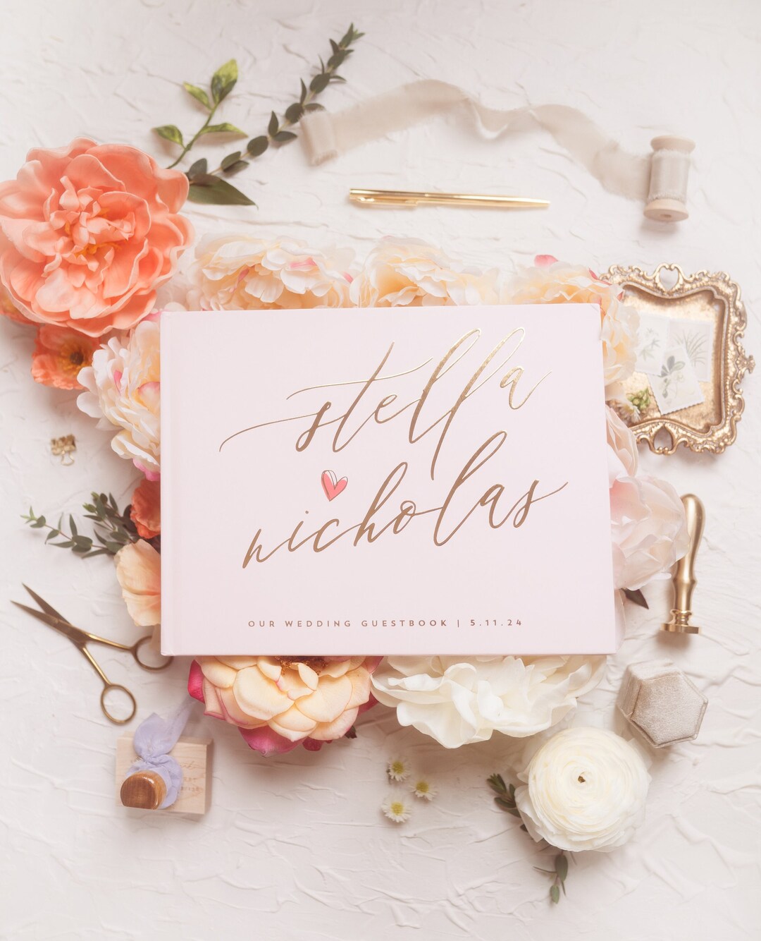 Blush Pink Wedding Guest Book, Wedding Hardcover Photo Album, Gold Foil ...