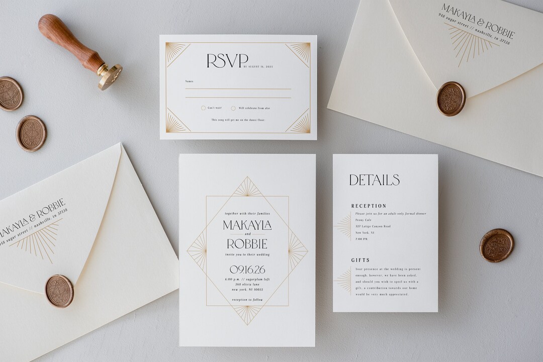 Boho Wedding Invitation Suite Template, Art Deco Minimalist Editable ...