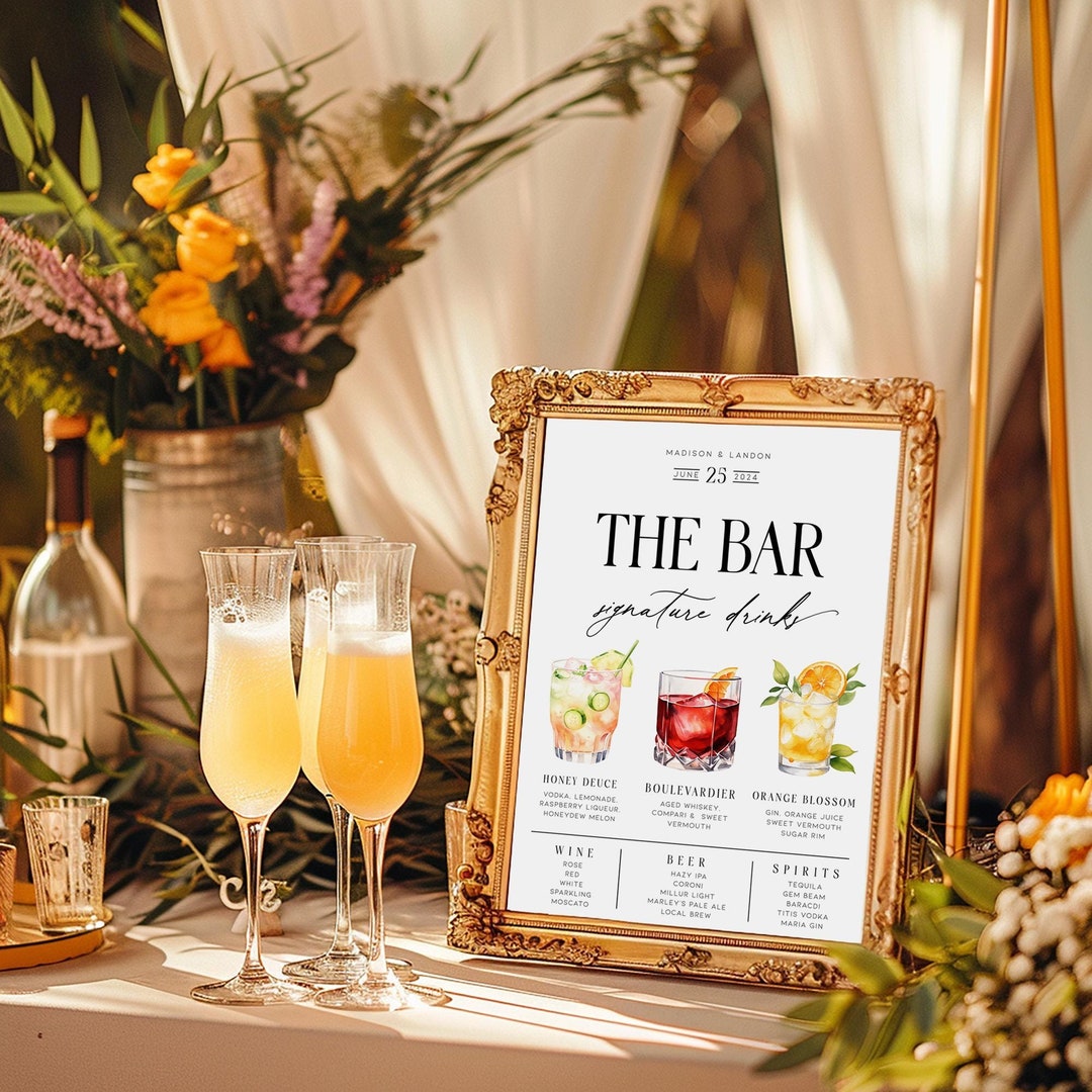 Wedding Bar Signature Drinks Menu, Modern Cocktail Bar Sign Template ...